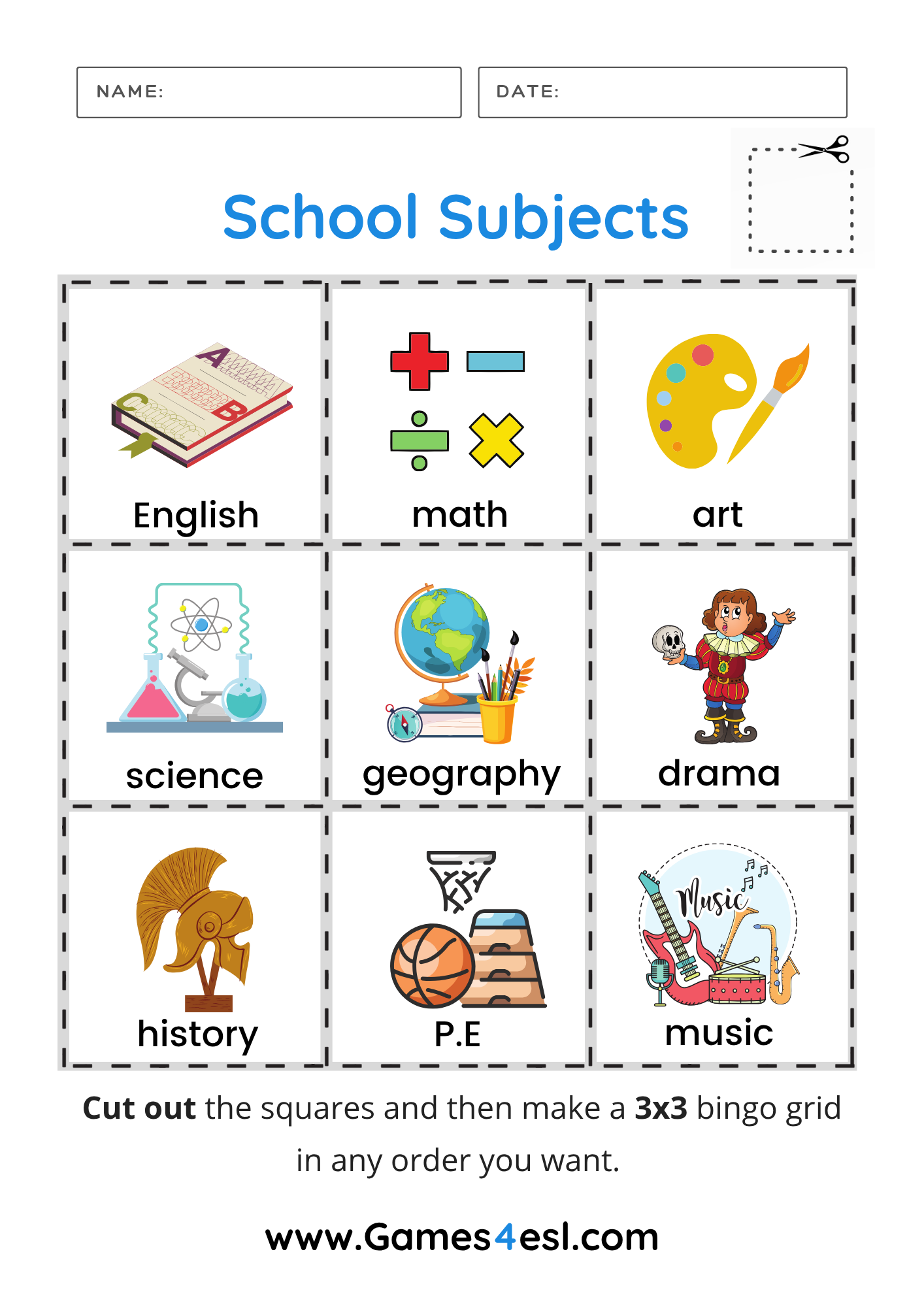 Free School Subject Worksheets For ESL Kids | Games4esl