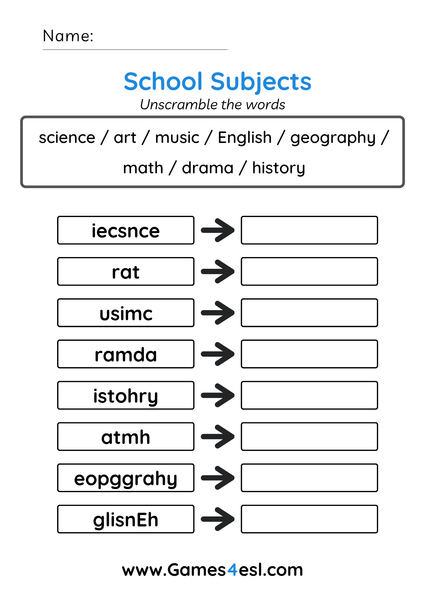 Free School Subject Worksheets For ESL Kids | Games4esl
