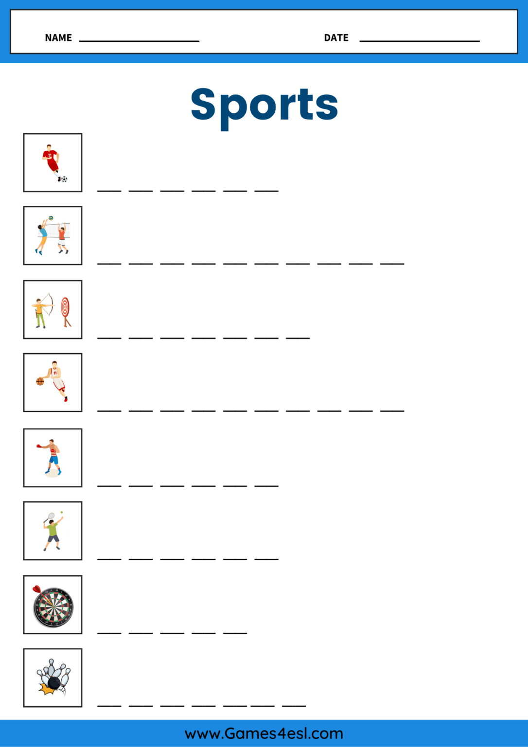 Free Printable Sports Worksheets For Beginner ESL Students | Games4esl