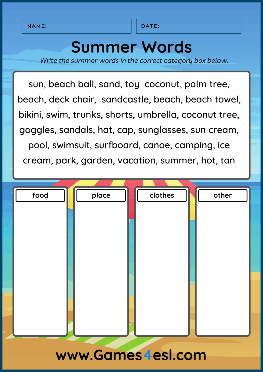 Free Summer Worksheets For Kids | Games4esl