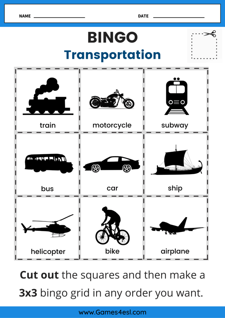Transportation Vocabulary Worksheets For ESL Kids | Games4esl