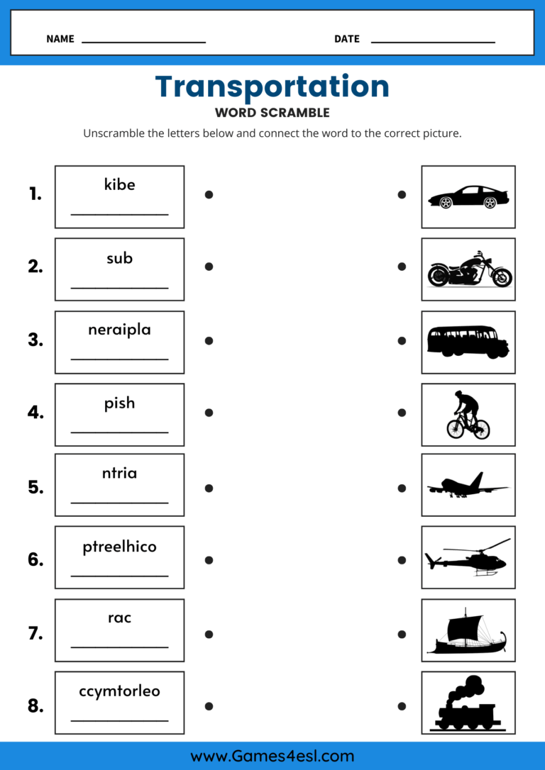 Transportation Vocabulary Worksheets For ESL Kids | Games4esl