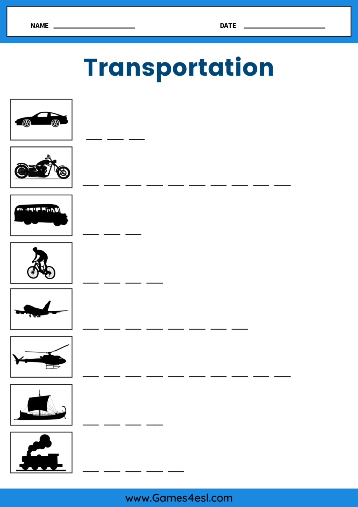 Transportation Vocabulary Worksheets For ESL Kids | Games4esl