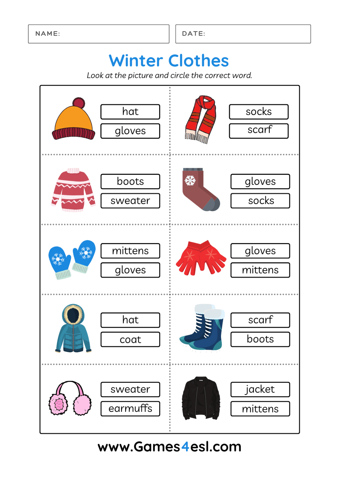 Winter Clothes Worksheets For Kids | Games4esl