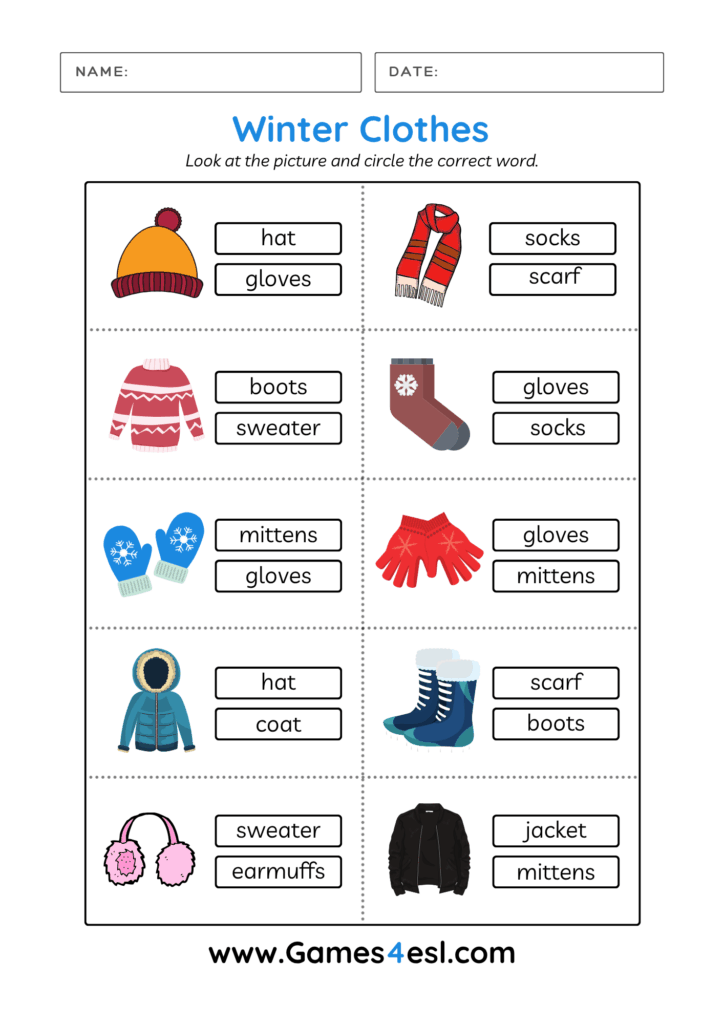 Winter Clothes Worksheets For Kids | Games4esl