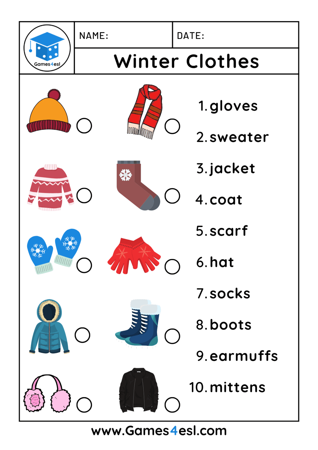 Winter Clothes Worksheets For Kids | Games4esl