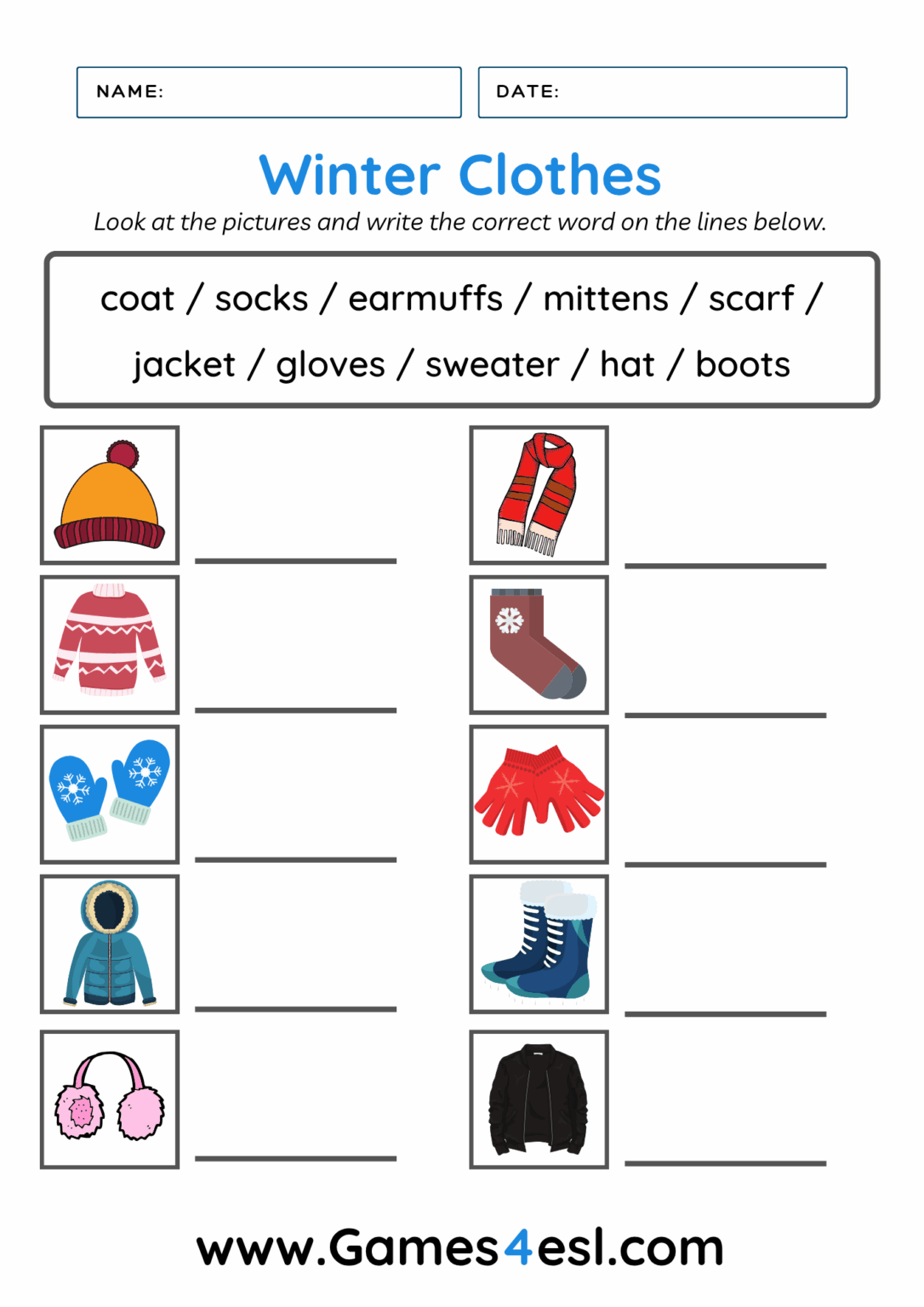 Winter Clothes Worksheets For Kids | Games4esl